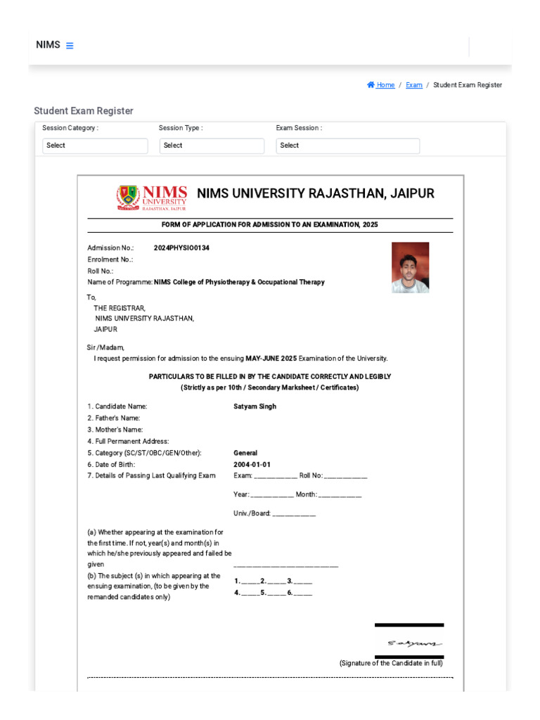 NIMS - Student Exam Register | PDF