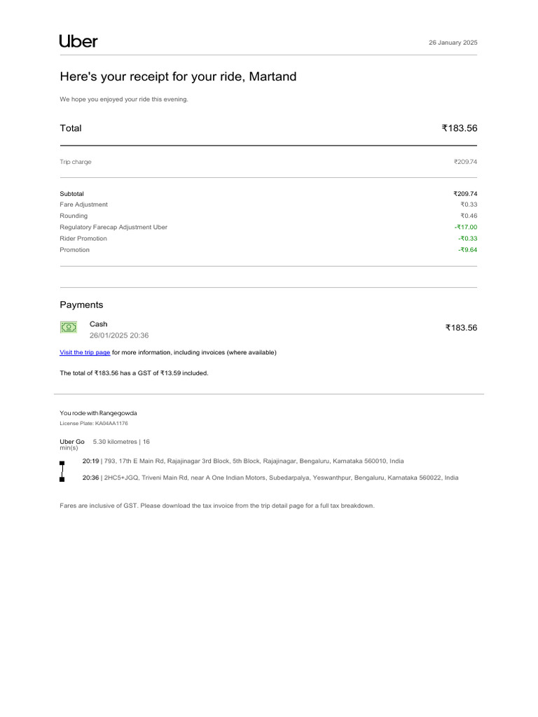 Here's Your Receipt For Your Ride, Martand: Total 183.56 | PDF