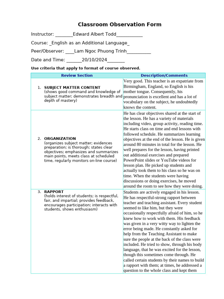 ClassroomObservationForm MR Ted - Lam Ngoc Phuong Trinh | PDF ...