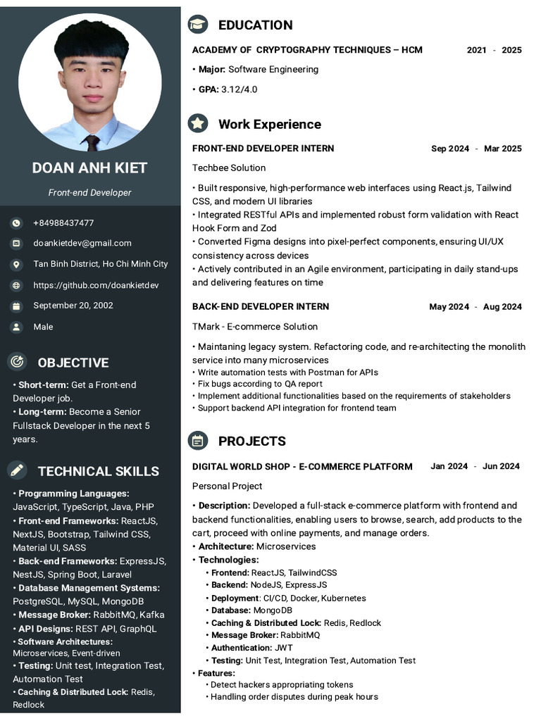 Frontend Developer - Doan Anh Kiet | PDF | Software Development | Computing