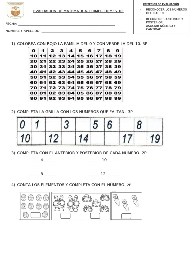 Evaluaciã - N de Matemã - Tica Primer Grado | PDF