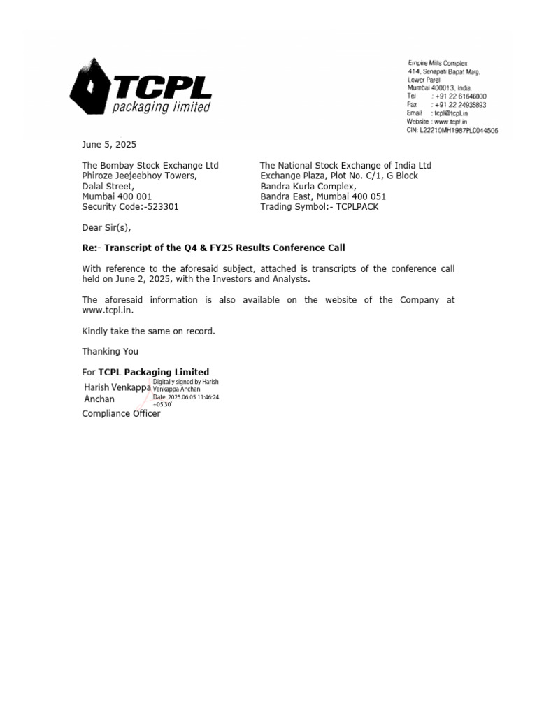 TCPL Q4 & FY25 Earnings Call Transcript | PDF | Sustainability | Exports