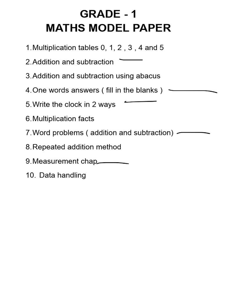 Grade 1 Maths Model Paper Guide | PDF