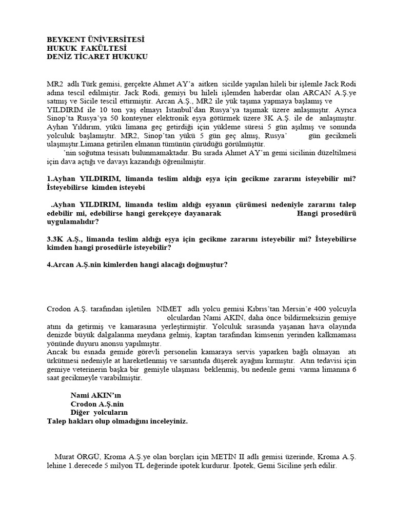 Deniz Ticaret Hukuku-Ornek Olay 1 | PDF