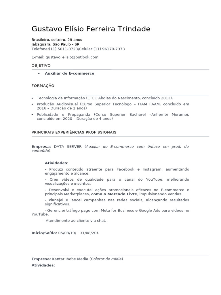 Gustavo Elísio - Currículo | PDF | E-commerce | Publicidade