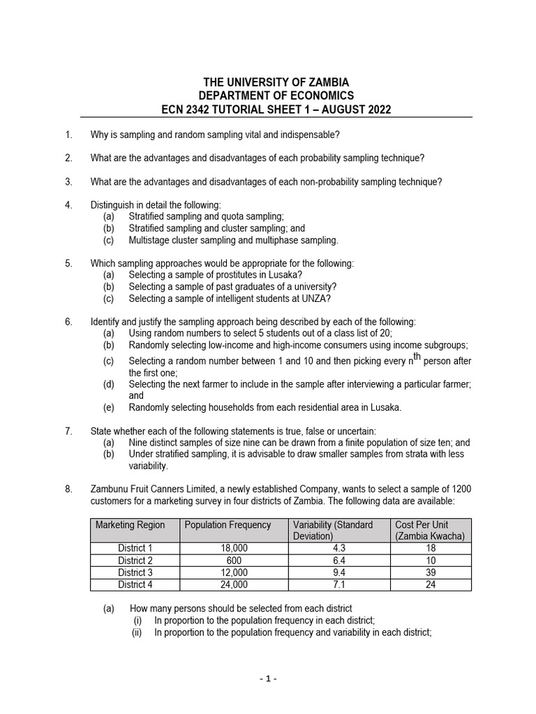 Ecn 2342 Tutorial Sheet 1 2022 FV | PDF | Sampling (Statistics) | Standard Deviation