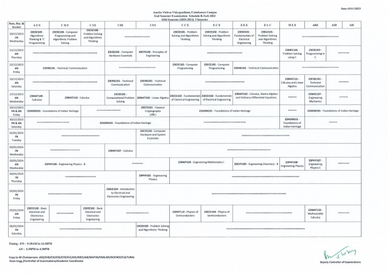 I Sem BTech 2023 End Semester Exam Schedule Odd Semester 2023 2024 | PDF