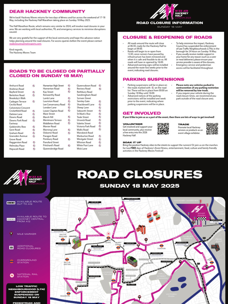 Hackney Half Marathon Road Closures 2025 | PDF | Transport ...