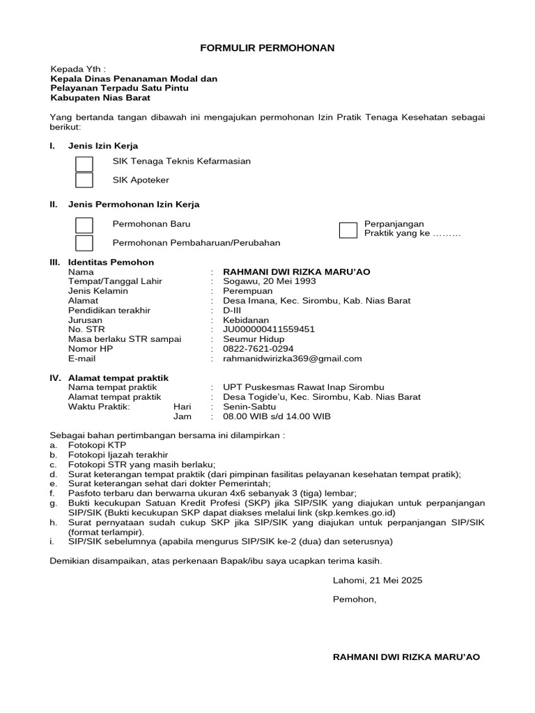 FORMULIR PERMOHONAN SIP | PDF