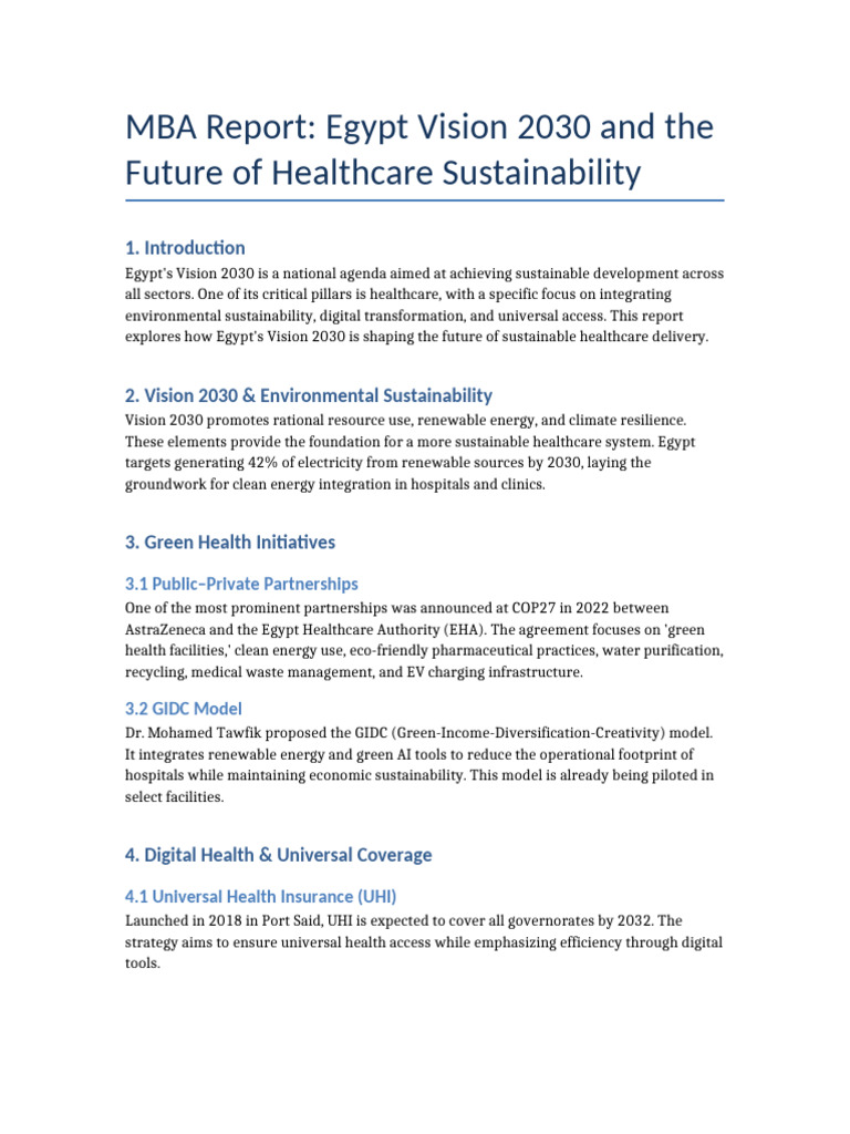 Egypt Vision 2030: Sustainable Healthcare Insights | PDF ...
