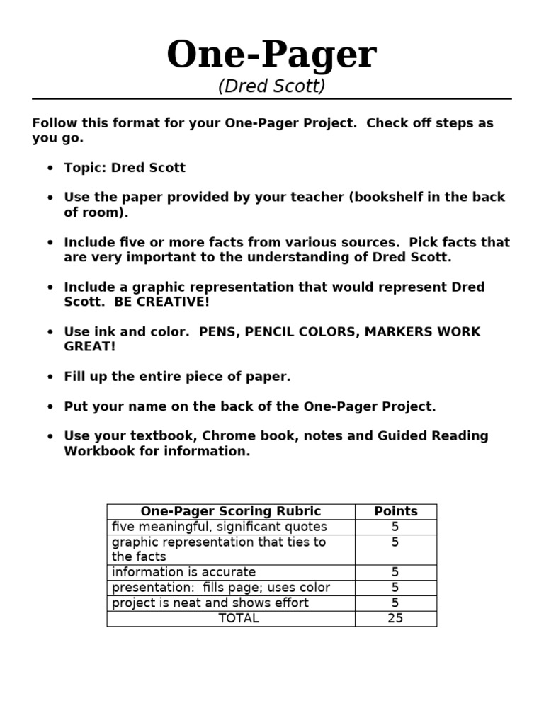 Dred Scott One Pager Rubric | PDF