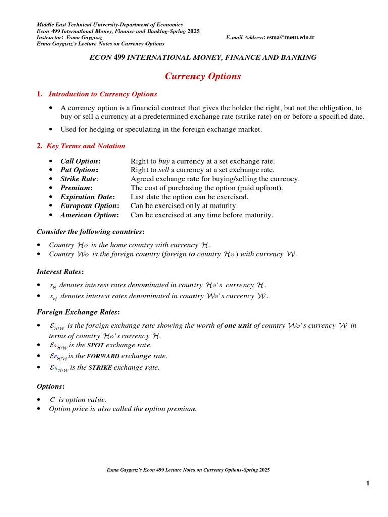 Introduction To Foreign Exchange Option Valuation-Econ 499-Spring 2025 ...