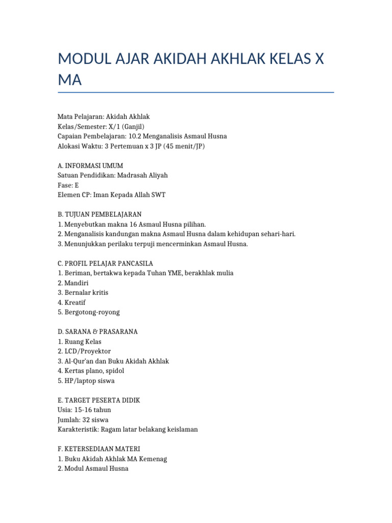 Modul Ajar Akidah Akhlaq Kelas X | PDF