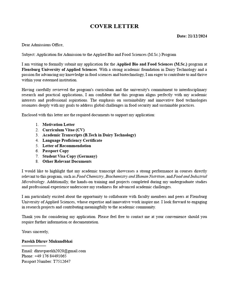 Parekh Dhruv Cover Letter Flensburg MSC | PDF