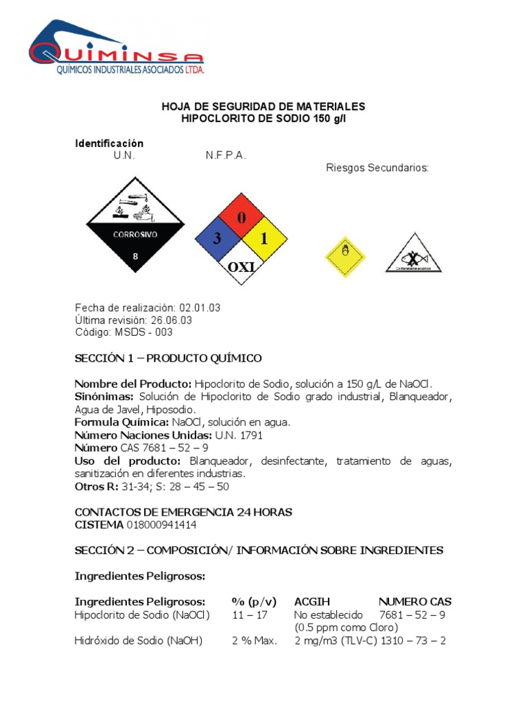 Hipoclorito de Sodio Hoja de Seg