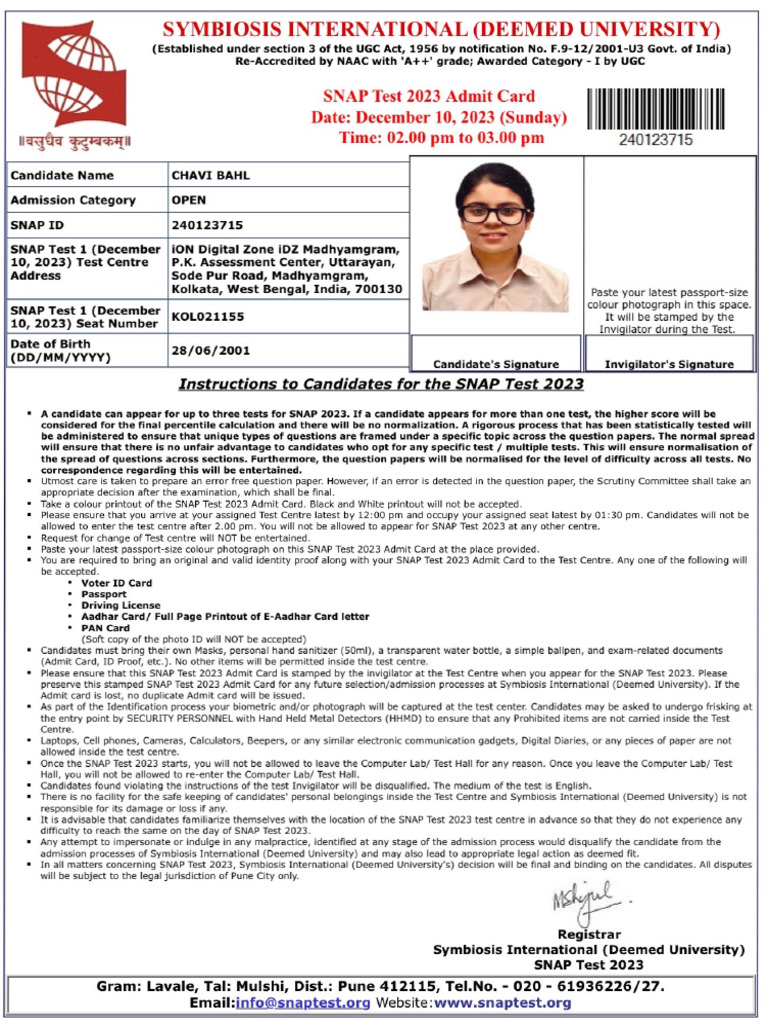 Admit Card - SNAP 2023 2 | PDF