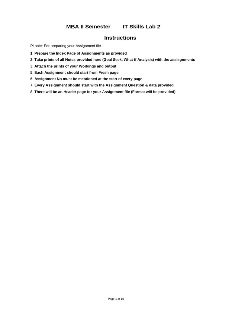 MBA IT Skills Lab Assignments Guide | PDF | Worksheet | Microsoft Excel