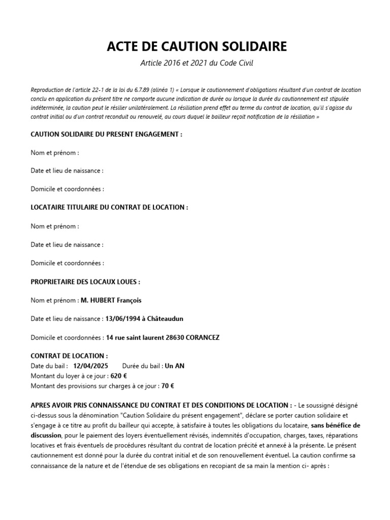 Acte de Caution Solidaire pour Location | PDF | Cautionnement | Location