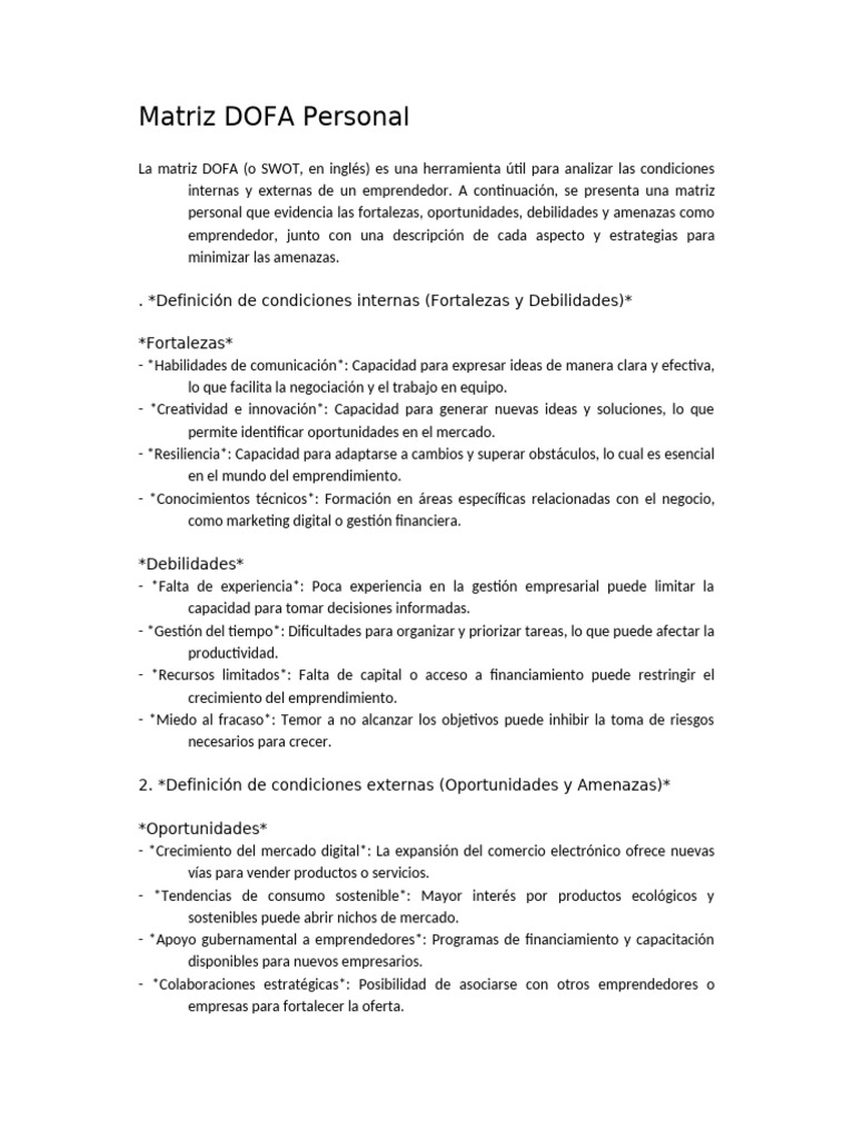Matriz DOFA Personal | PDF | Iniciativa empresarial | Análisis FODA