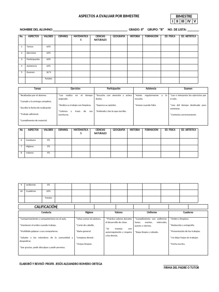 Aspectos A Evaluar Por Bimestre | PDF