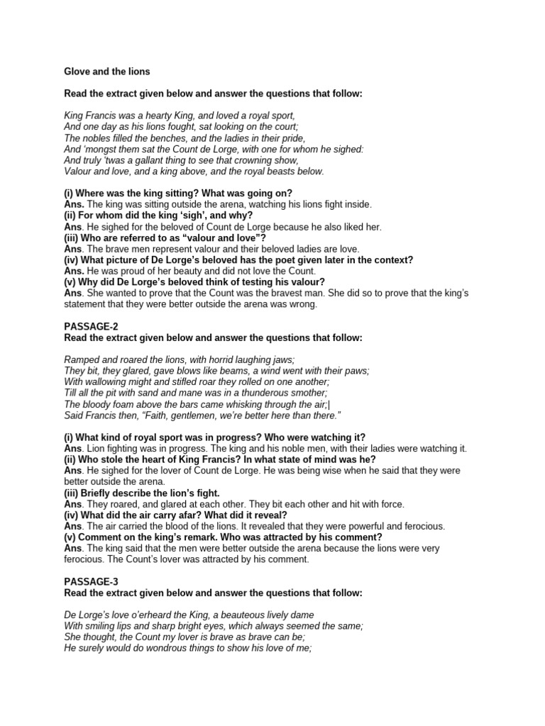 Glove and The Lions Question and Answer | PDF