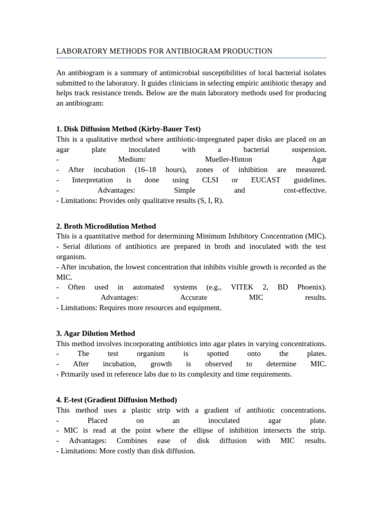 Laboratory Methods For Antibiogram Production | PDF | Microbiology ...