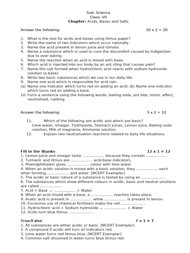 Acids, Bases, and Salts Worksheet | PDF | Acid | Sodium Bicarbonate
