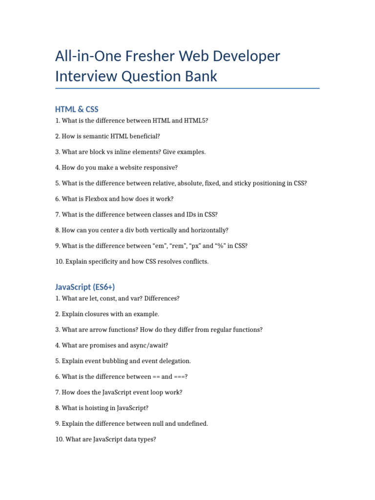Web Developer Interview Question Bank | PDF | Java Script | Software Development