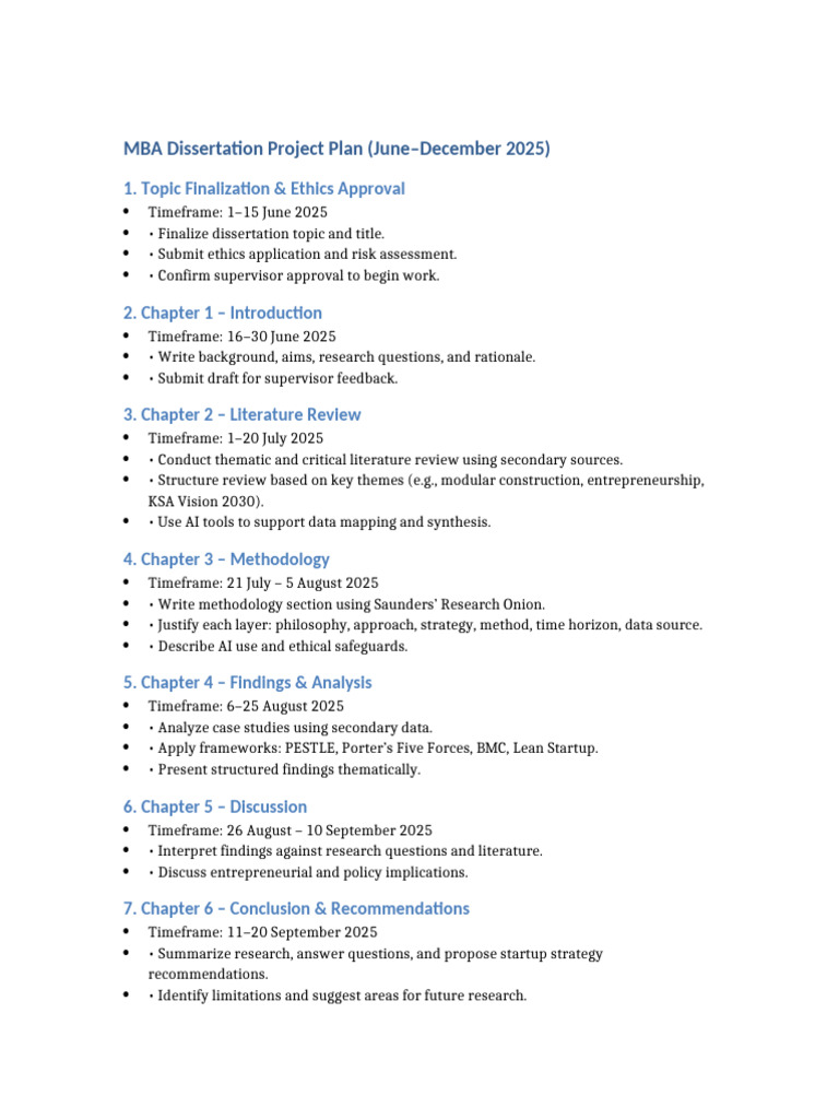 MBA Dissertation Project Plan 2025 | PDF