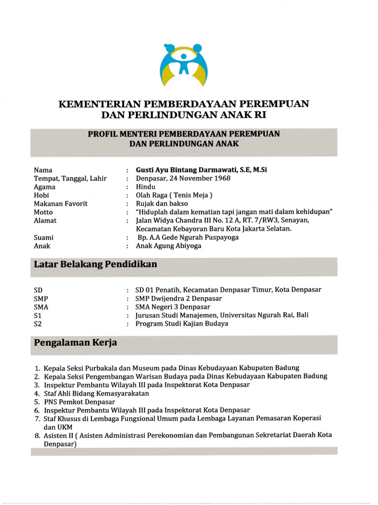 CV Menteri Kemenpppa 2019 | PDF
