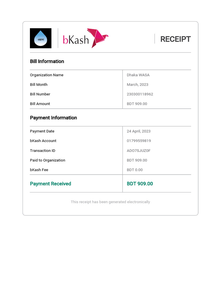 Dhaka WASA March 2023 Payment Receipt | PDF