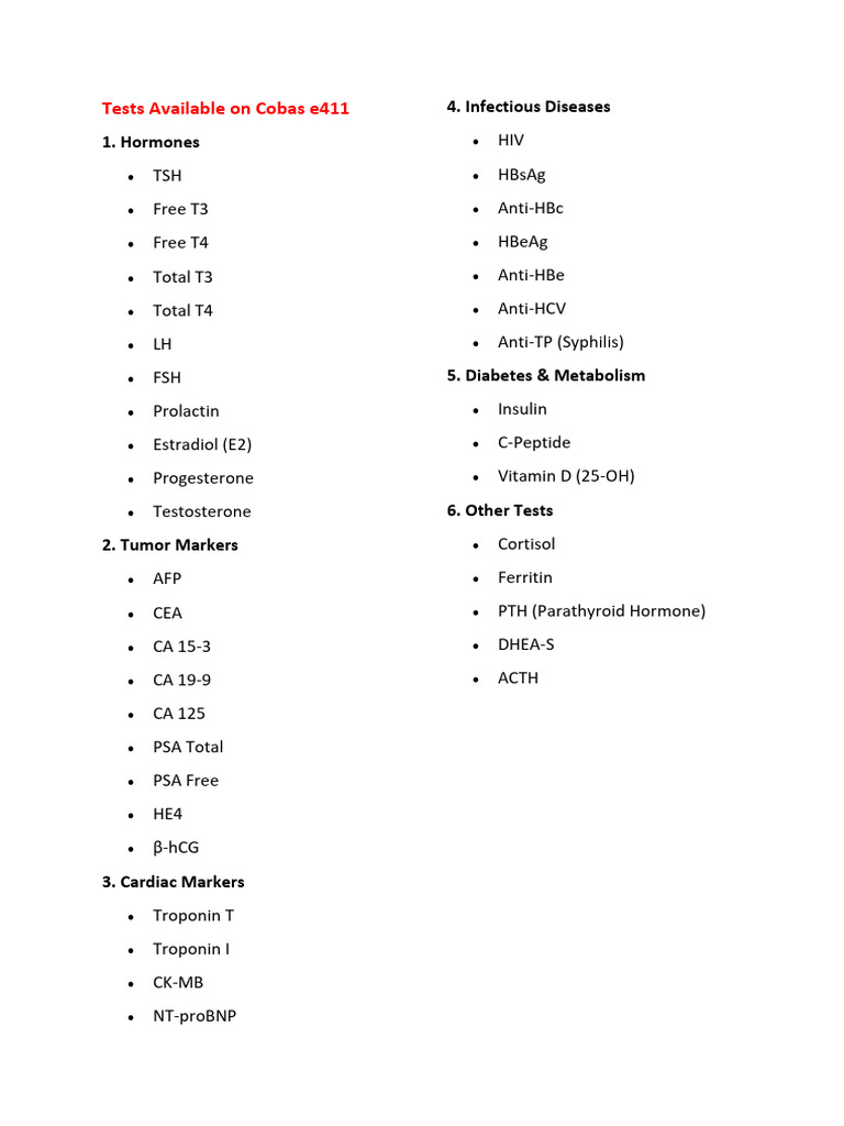 Cobas e411 Test Menu Overview | PDF