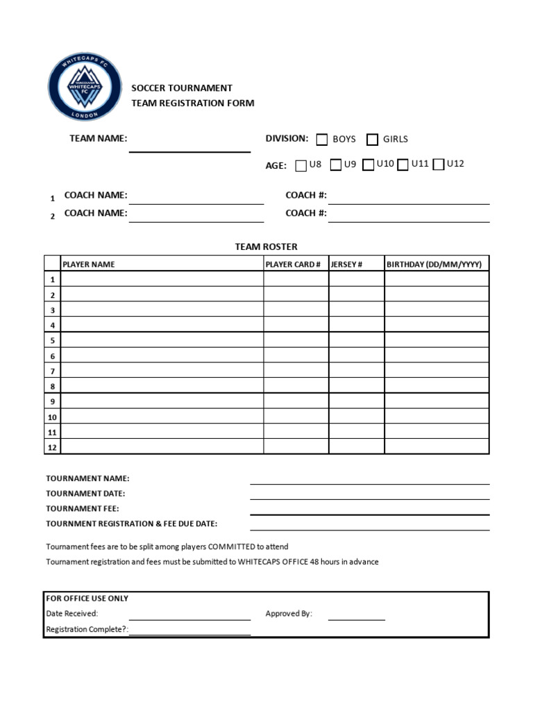 Whitecaps Tournament Registration Form Template | PDF