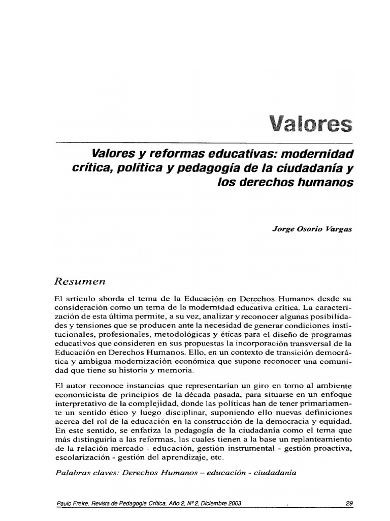 Osorio Vargas, Jorge - Valores y Reformas Educativas - Art. | PDF