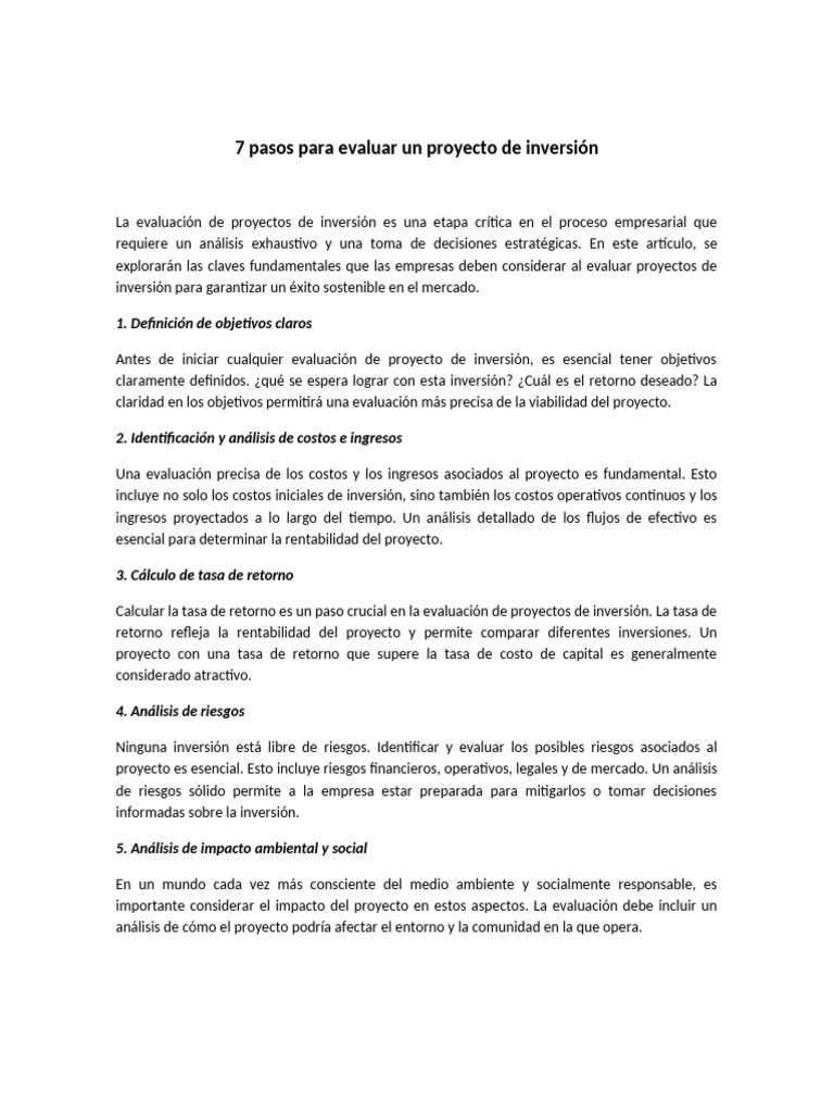 Evaluación de Proyectos de Inversión: 7 Pasos | PDF | Inversiones ...