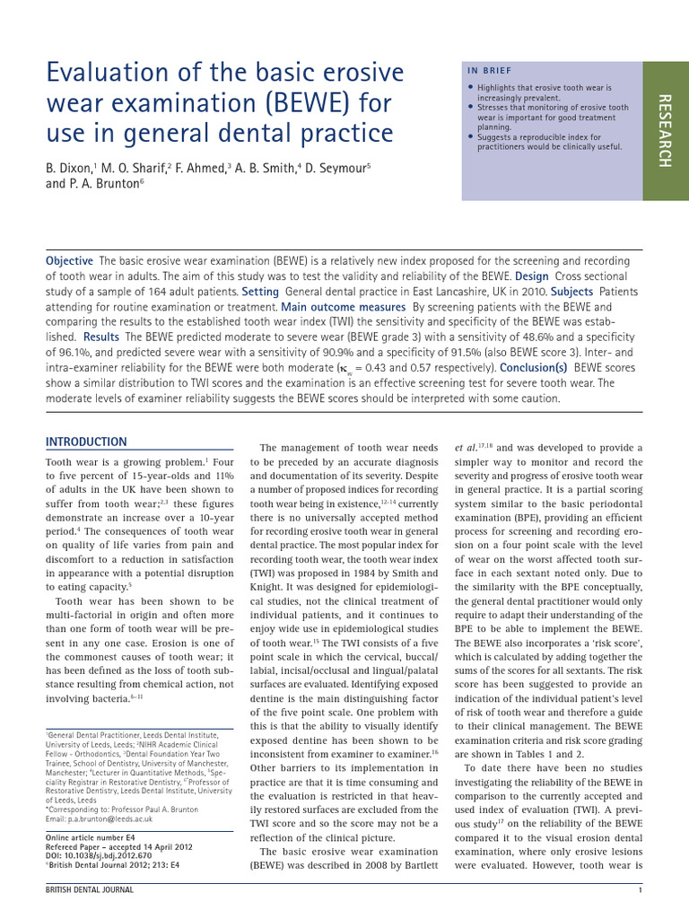 Evaluation of The Basic Erosive Wear Examination BEWE For Us | PDF ...