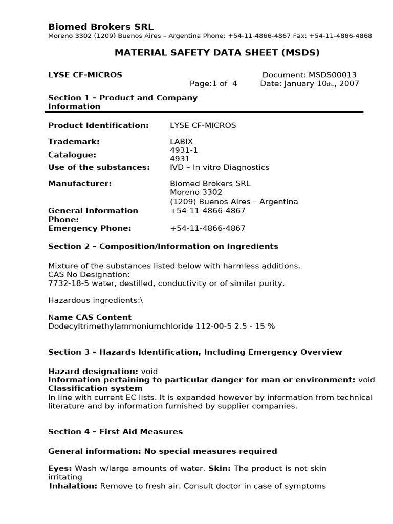 MSDS00013 - Lyse Cf-Micros | PDF | Dangerous Goods | Safety