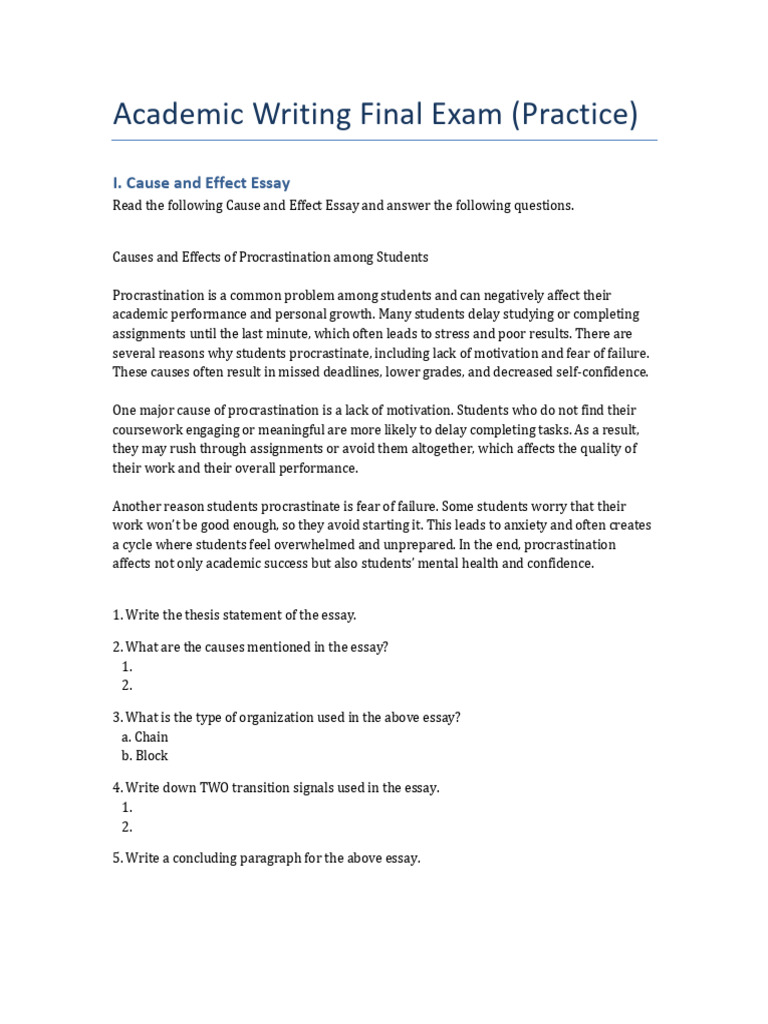 Academic Writing Final Practice Exam | PDF | Procrastination ...