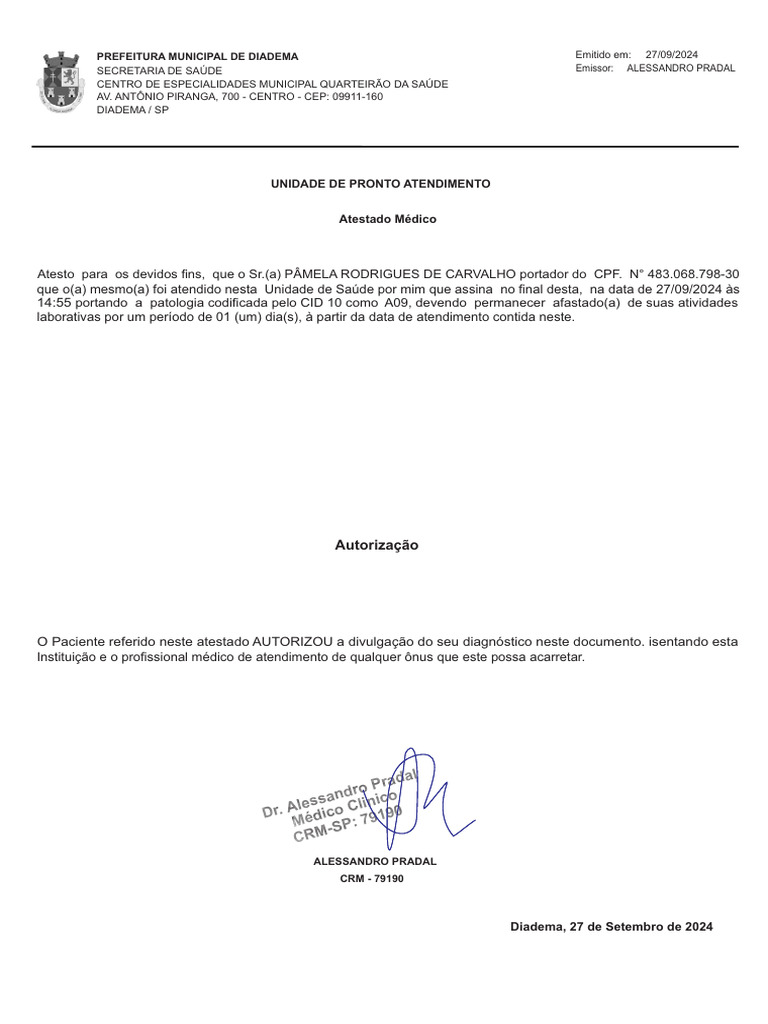 Atestado Médico - Pâmela Rodrigues | PDF