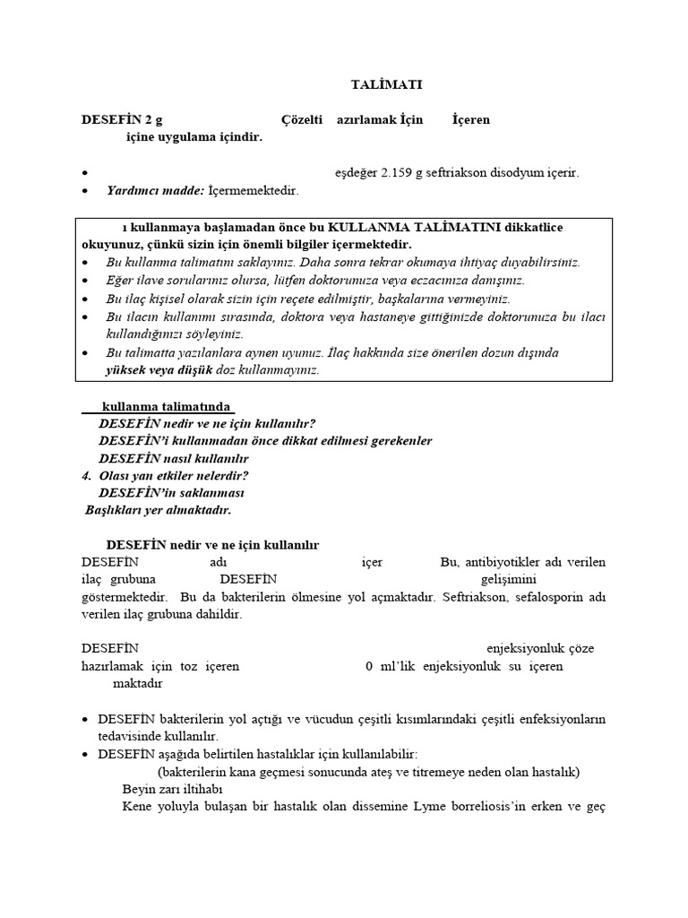 Desefin 2 G IV Enjeksiyonluk Cozelti Hazirlamak Icin Toz Iceren Flakon ...