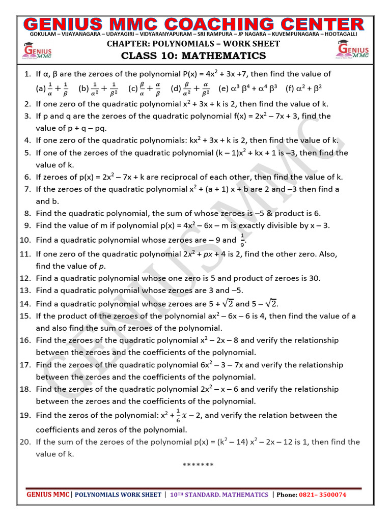 10th Cbse - Maths - Polynomial - Work Sheet | PDF | Zero Of A Function ...