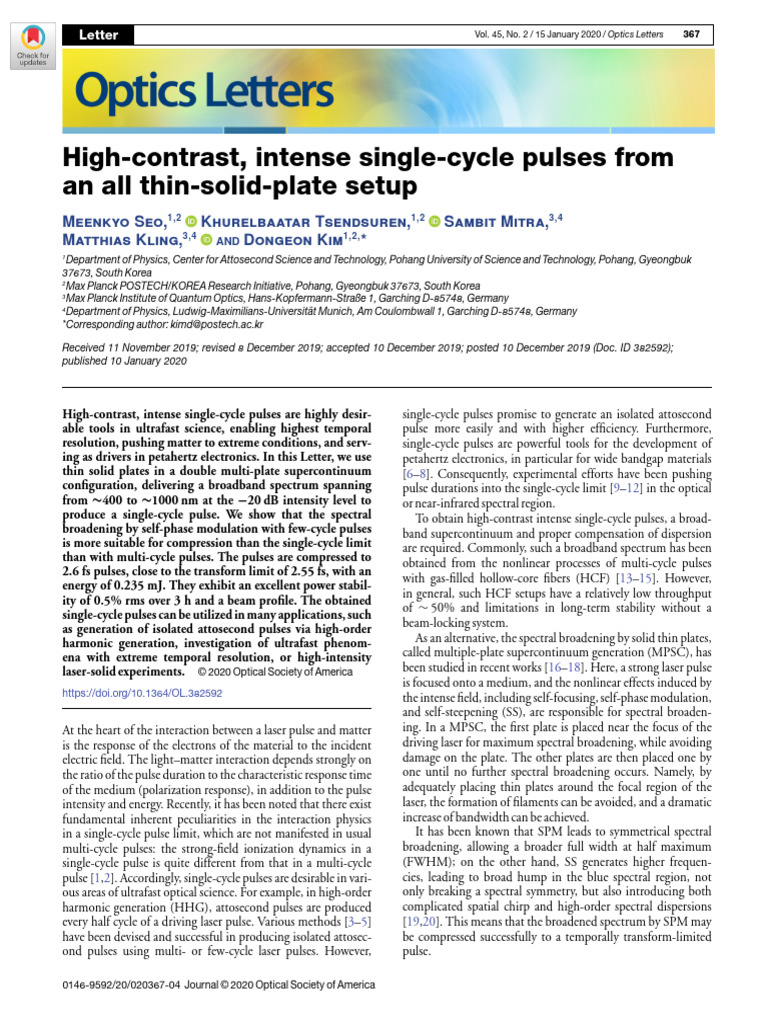 2020, Compression in Thin Film | PDF | Ultrashort Pulse | Optics