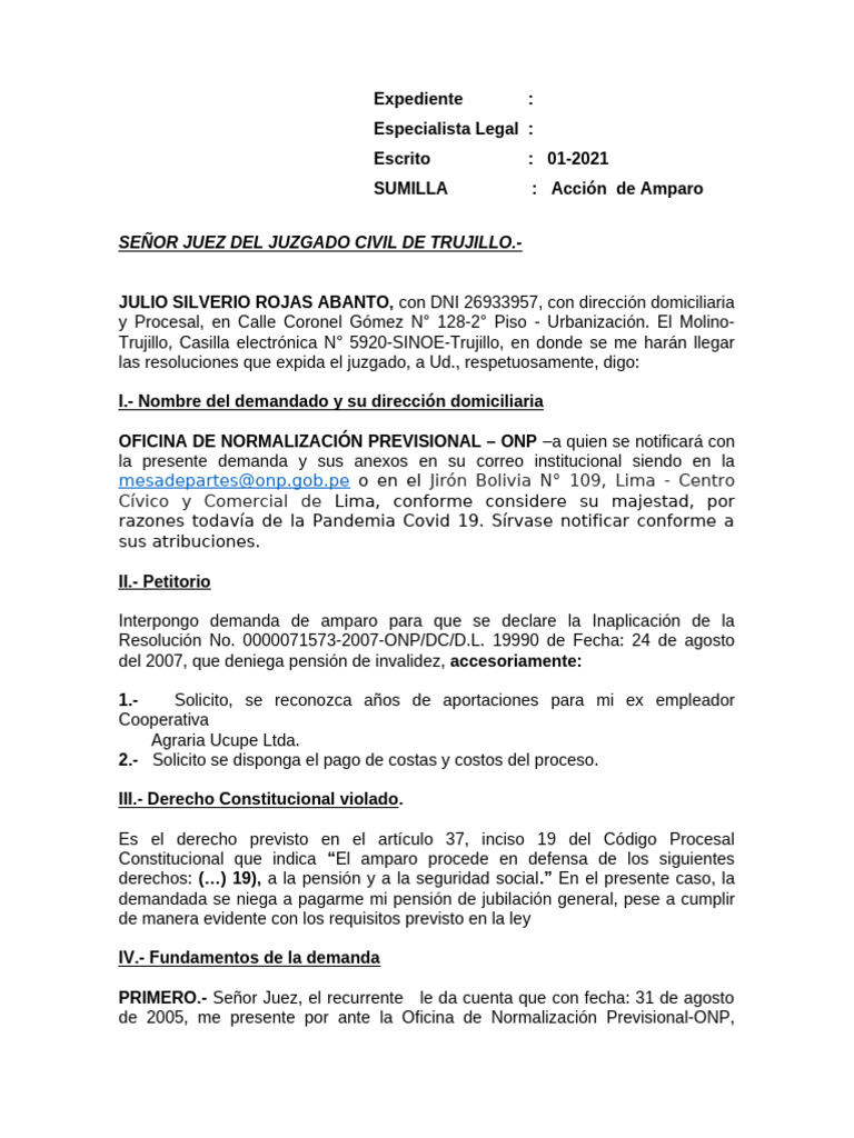 Accion de Amparo de Julio Silverio Rojas Abanto | PDF | Jubilación ...