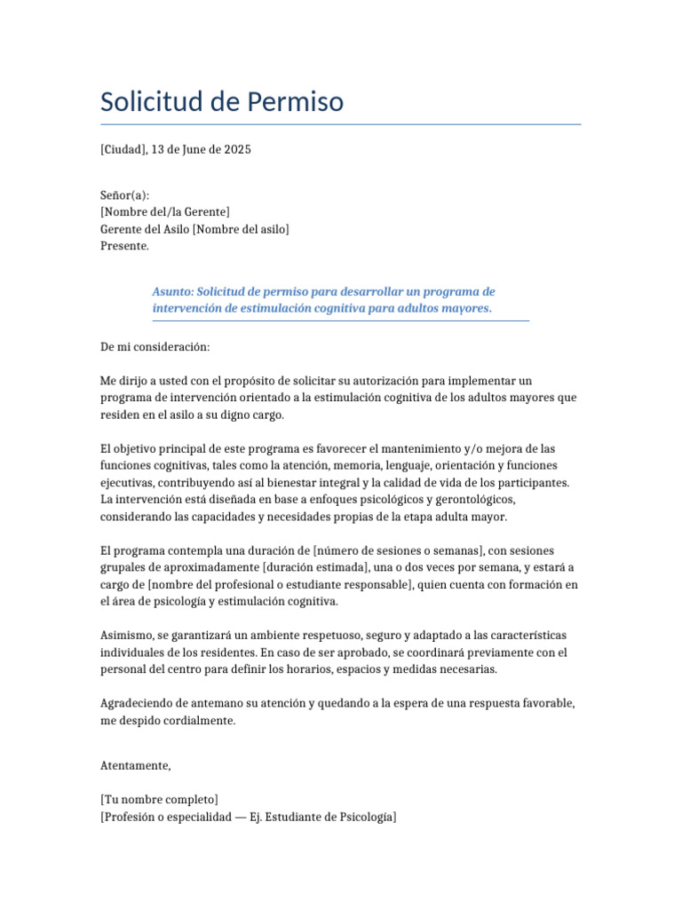 Solicitud Permiso Programa Estimulación Cognitiva | PDF