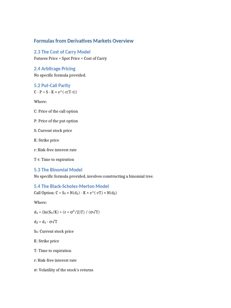 Derivatives Markets Formulas | PDF