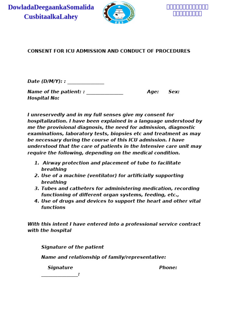 Lahey Primary Hospital CONSENT FOR ICU ADMISSION AND CONDUCT OF ...