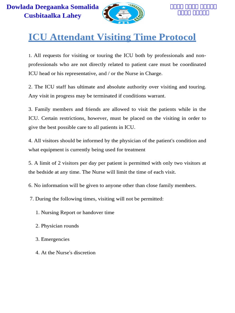 ICU Visiting Time Protocol | PDF
