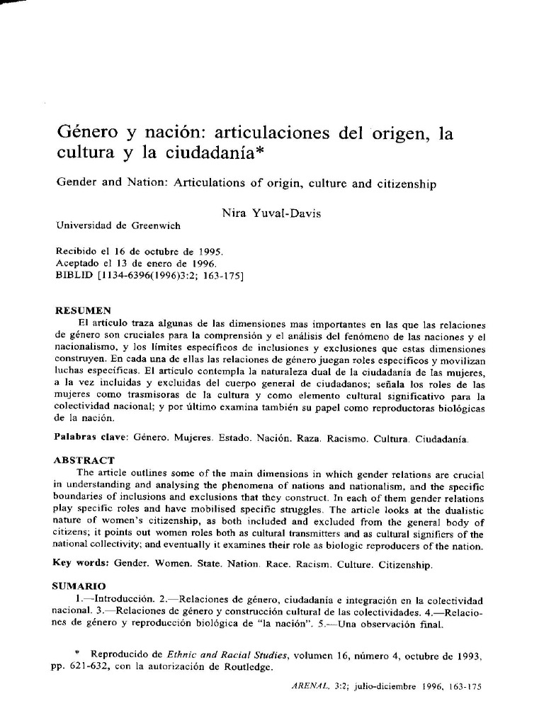 Yuval - Davis - Género y Nación. Articulaciones Del Origen La Cultura y ...