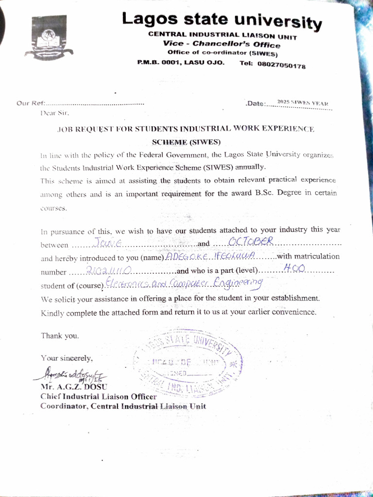 SIWES Placement Request Letter | PDF