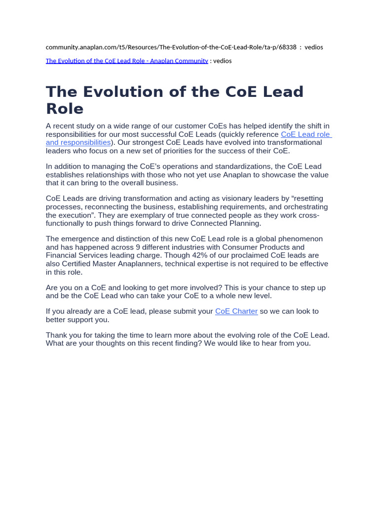 Evolution of COE Lead - Anaplan | PDF
